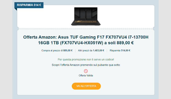 Il miglior Coupon Amazon del giorno: Asus TUF Gaming F17 a soli 889 euro