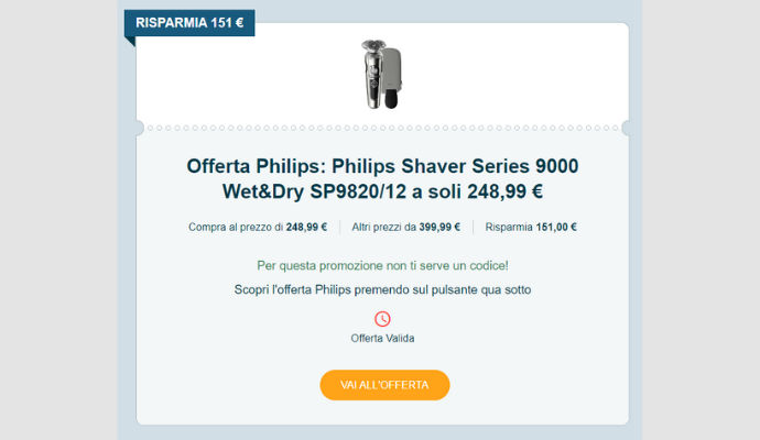 Il miglior coupon Philips del giorno: Shaver Series 9000 Wet&Dry SP9820 ...