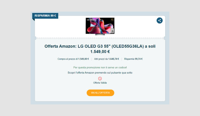 Miglior Coupon Amazon del giorno: LG OLED G3 55" (OLED55G36LA) a soli 1 ...