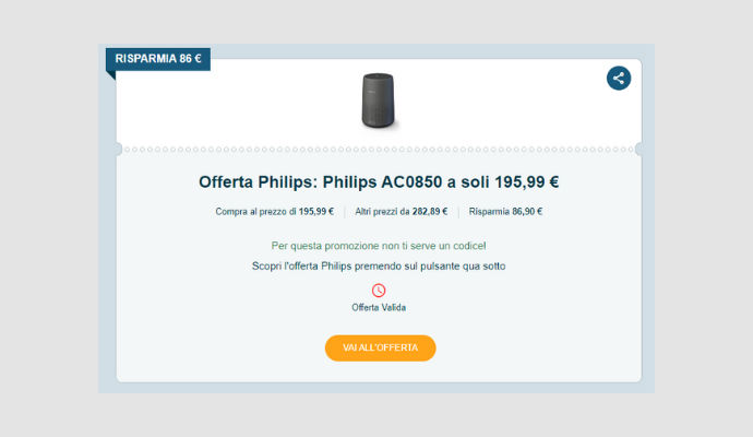 Il miglior Coupon Philips del giorno: AC0850 a soli 195,99€