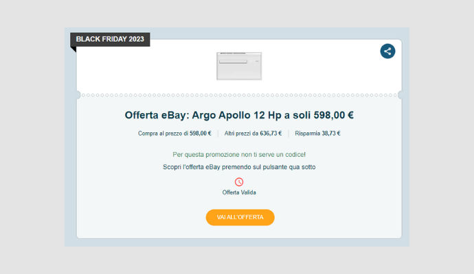 Miglior Coupon eBay del giorno: Argo Apollo 12 Hp a soli 598€