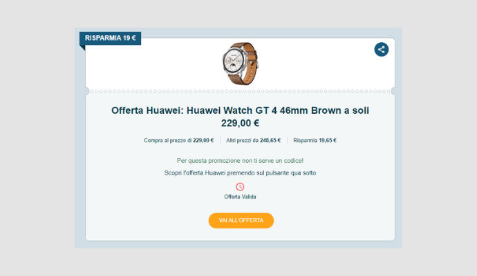 Miglior Coupon Huawei del giorno: Watch GT 4 46mm Brown a soli 229€