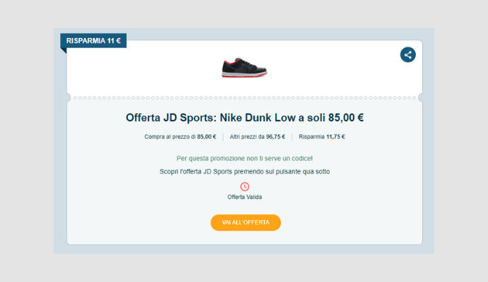 Miglior Coupon JD Sports del giorno: Nike Dunk Low a soli 85€