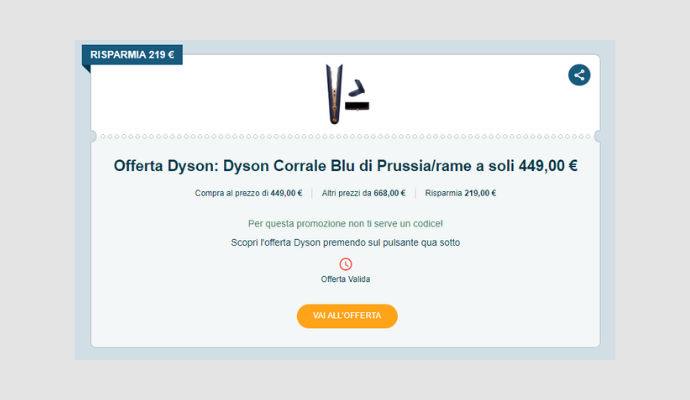Miglior Coupon Dyson del giorno: Corrale Blu di Prussia/rame a soli 449€