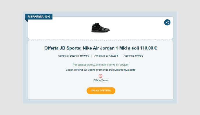 Miglior Coupon JD Sports del giorno: Nike Air Jordan 1 Mid a soli 110€