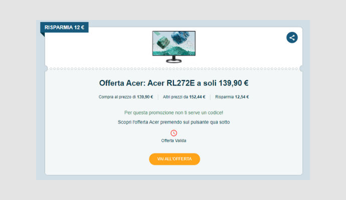 Miglior Coupon Acer del giorno: monitor RL272E a soli 139,90€