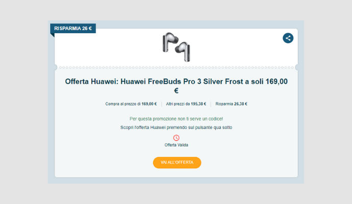 Miglior Coupon Huawei del giorno: FreeBuds Pro 3 Silver Frost a soli 169€