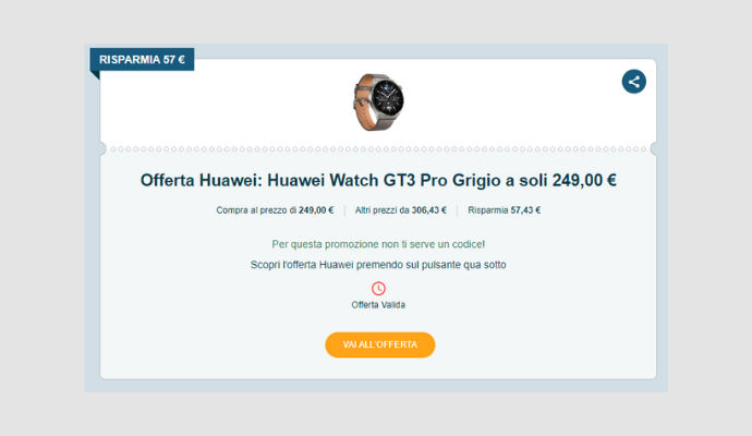 Miglior Coupon Huawei del giorno: Watch GT3 Pro Grigio a soli 249€