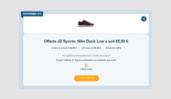 Miglior Coupon JD Sports del giorno: Nike Dunk Low a soli 85€