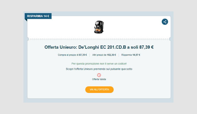Miglior Coupon Unieuro del giorno: De'Longhi EC 201.CD.B a soli 87,39€