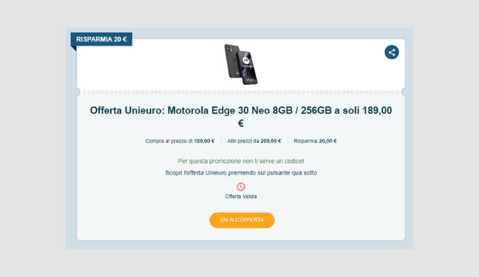 Miglior Coupon Unieuro del giorno: Motorola Edge 30 Neo 8GB/256GB a ...