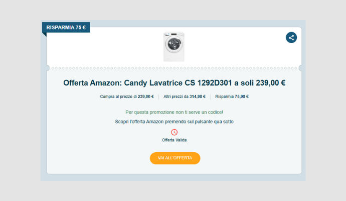 Miglior Coupon Amazon del giorno: Candy Lavatrice CS 1292D301 a soli 239€