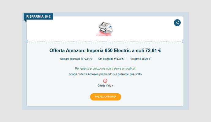 Miglior Coupon Amazon del giorno: Imperia 650 Electric a soli 72,61€