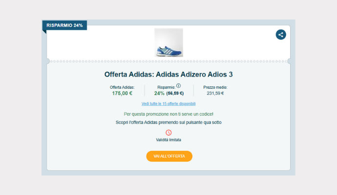 Il miglior Coupon Adidas del giorno: Adidas Adizero Adios 3 a soli 175 euro