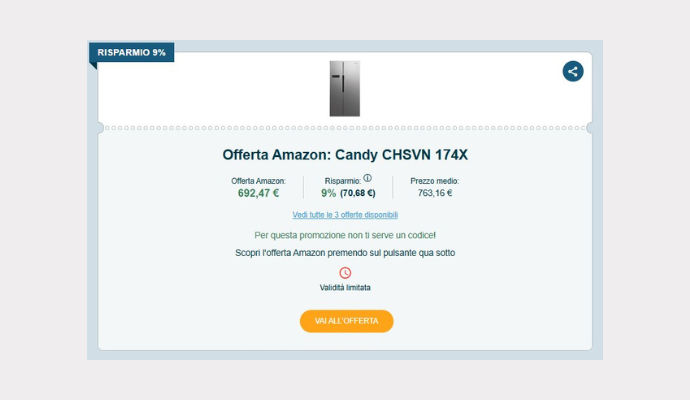 Il miglior coupon Amazon del giorno: Candy CHSVN 174X a soli 692,47 euro
