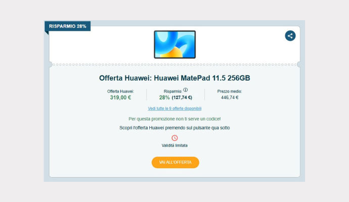 Il miglior Coupon Huawei del giorno: Huawei MatePad 11.5 256GB a soli ...