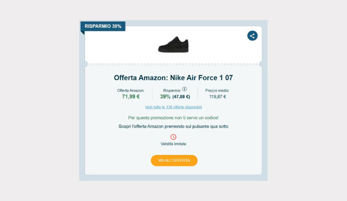 Il miglior Coupon Amazon del giorno: Nike Air Force 1 07 a soli 71,99 euro