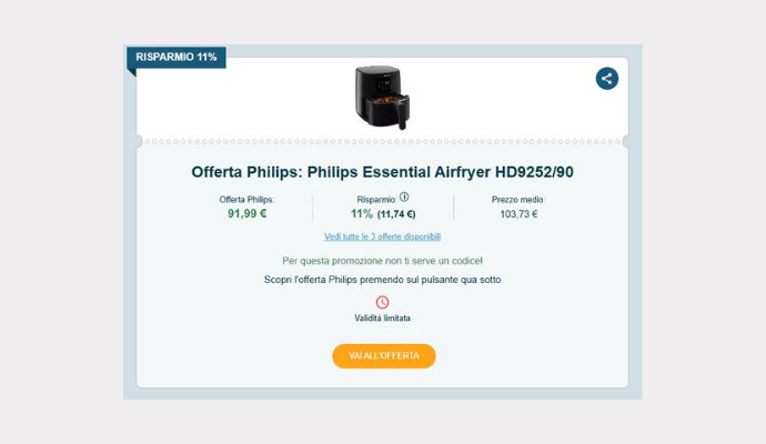 Il miglior Coupon Philips del giorno: Philips Essential Airfryer HD9252 ...