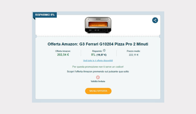 Il miglior Coupon Amazon del giorno: G3 Ferrari G10204 Pizza Pro 2 Minuti a soli 202,54 euro