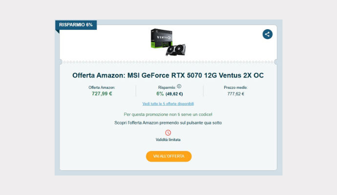 Il miglior Coupon Amazon del giorno: MSI GeForce RTX 5070 12G Ventus 2X OC a soli 727,99 euro