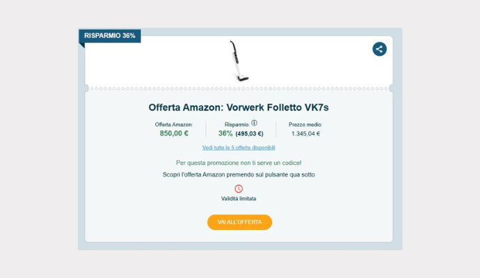 Il miglior Coupon Amazon del giorno: Vorwerk Folletto VK7s a soli 850 euro