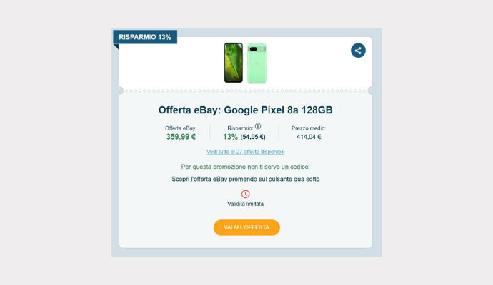 Il miglior Coupon eBay del giorno: Google Pixel 8a 128GB a soli 359,99 euro
