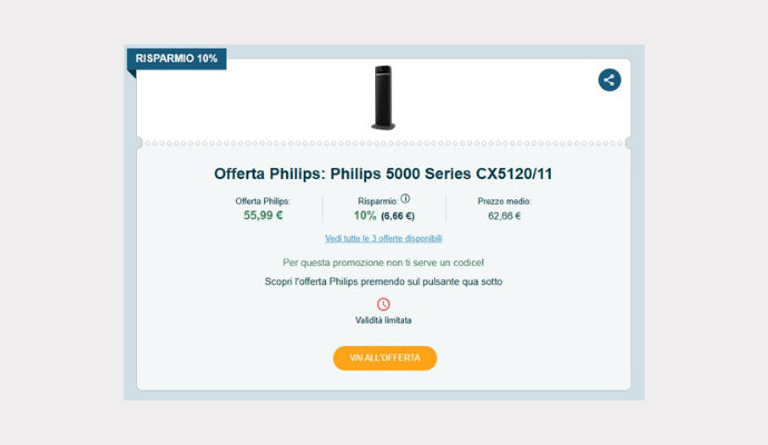 Il miglior Coupon Philips del giorno: Philips 5000 Series CX5120/11 a soli 55,99 euro