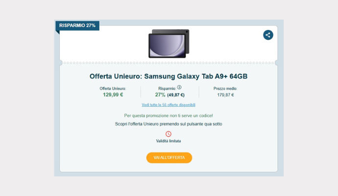 Il miglior Coupon Unieuro del giorno: Samsung Galaxy Tab A9+ 64GB a ...