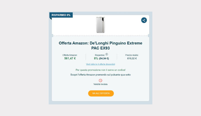 Il miglior Coupon Amazon del giorno: De'Longhi Pinguino Extreme PAC EX93 a soli 561,47 euro