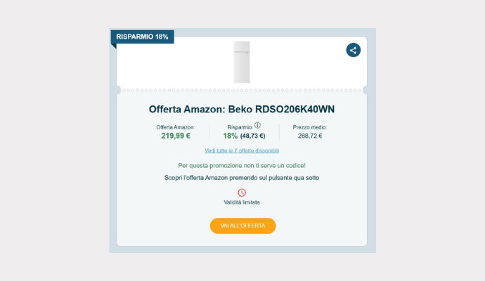 Il miglior Coupon Amazon del giorno: Beko RDSO206K40WN a soli 219,99 euro