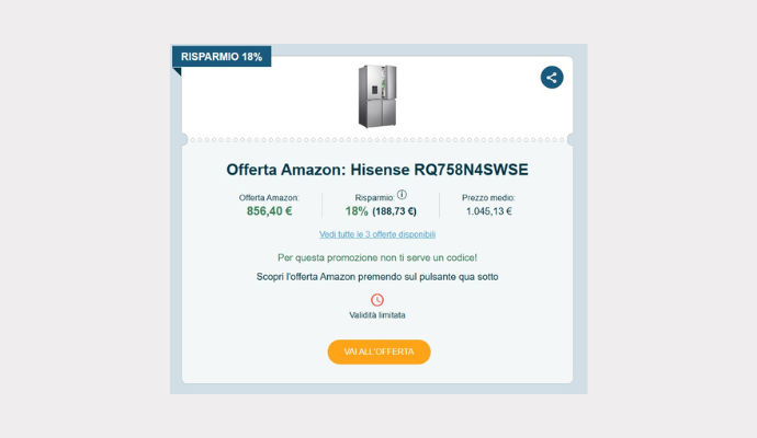 Il miglior Coupon Amazon del giorno: Hisense RQ758N4SWSE a soli 856,40 euro