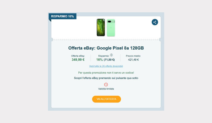 Il miglior coupon eBay del giorno: Google Pixel 8a 128GB a soli 349,99 euro