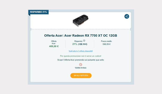 Il miglior Coupon Acer del giorno: Acer Radeon RX 7700 XT OC 12GB a ...