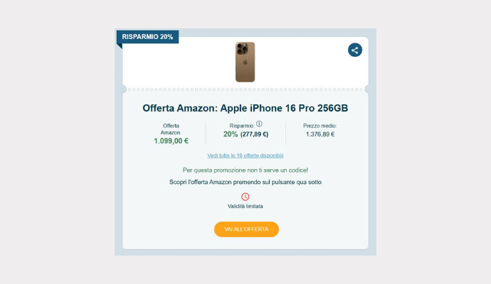 Il miglior Coupon Amazon del giorno: Apple iPhone 16 Pro 256GB a soli 1 ...