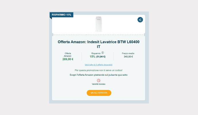 Il miglior Coupon Amazon del giorno: Indesit Lavatrice BTW L60400 IT a ...