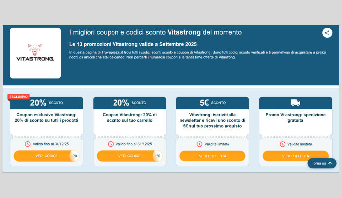 Coupon esclusivo Vitastrong: 20% di sconto su tutti i prodotti