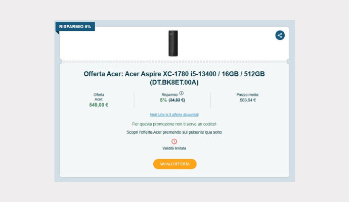 Il miglior coupon Acer del giorno: Acer Aspire XC-1780 i5-13400 / 16GB ...