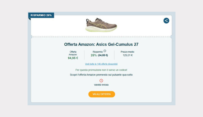 Il miglior Coupon Amazon del giorno: Asics Gel-Cumulus 27 a soli 94,95 euro