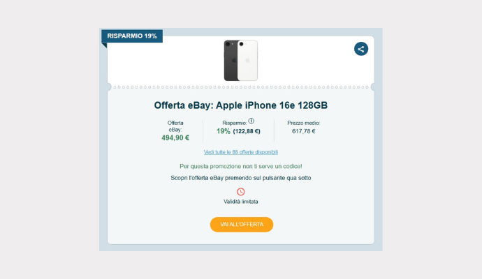 Il miglior Coupon eBay del giorno: Apple iPhone 16e 128GB a soli 494,90 ...