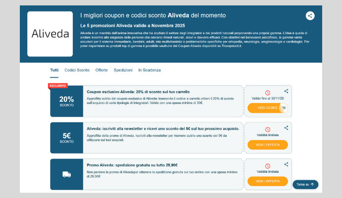 Coupon esclusivo Aliveda: 20% di sconto su tutto