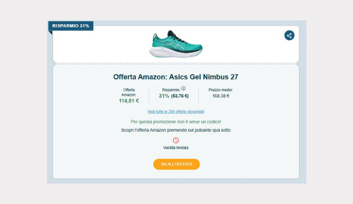 Il miglior Coupon Amazon del giorno: Asics Gel Nimbus 27 a soli 114,61 euro