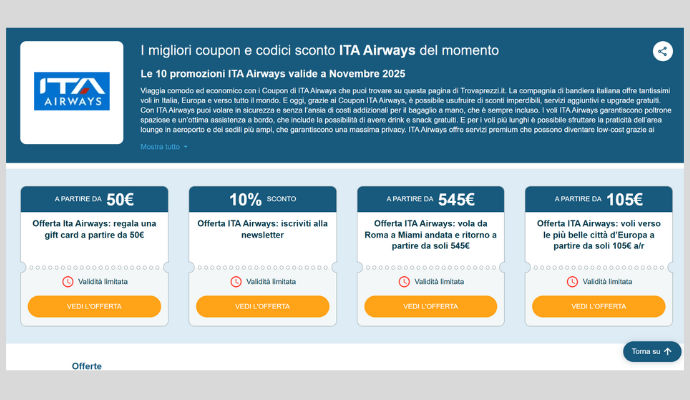 Offerta ITA Airways: viaggi andata e ritorno a partire da 105 euro
