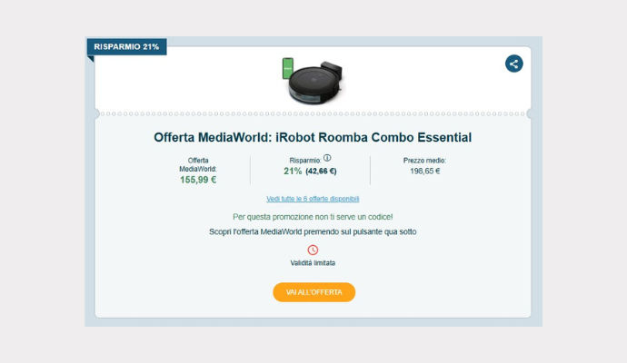 Il miglior Coupon MediaWorld del giorno: iRobot Roomba Combo Essential ...