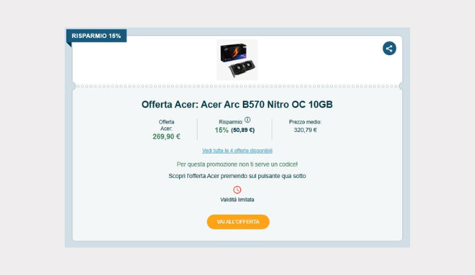 Il miglior Coupon Acer del giorno: Acer Arc B570 Nitro OC 10GB a soli ...