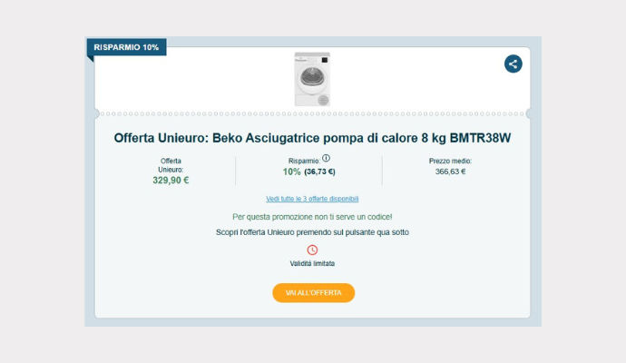 Il miglior coupon Unieuro del giorno: Beko Asciugatrice pompa di calore ...