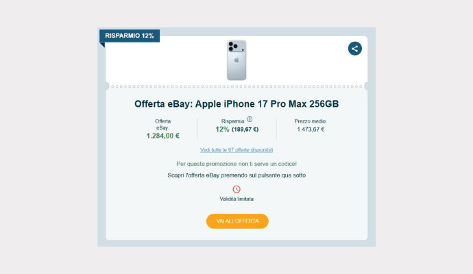Il miglior Coupon eBay del giorno: Apple iPhone 17 Pro Max 256GB a soli ...
