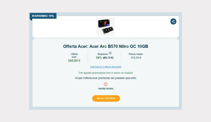 Il miglior Coupon Acer del giorno: Acer Arc B570 Nitro OC 10GB a soli ...