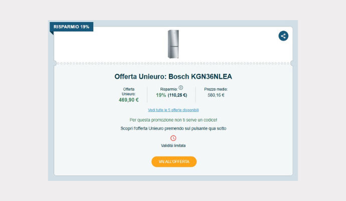 Il miglior Coupon Unieuro del giorno: Bosch KGN36NLEA a soli 469,90 euro