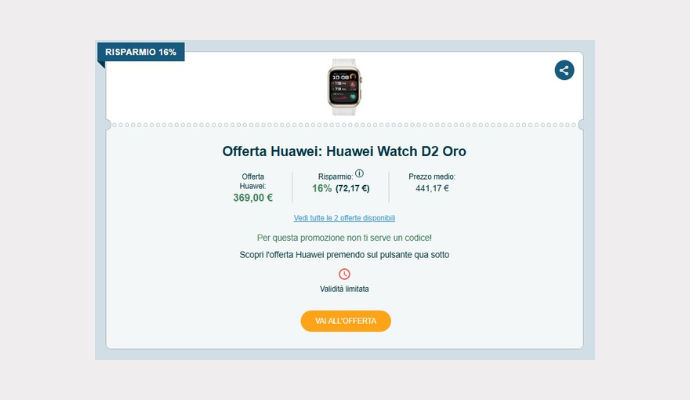 Il miglior Coupon Huawei del giorno: Huawei Watch D2 Oro a soli 369 euro