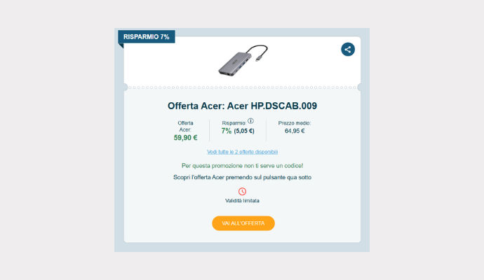 Il miglior Coupon Acer del giorno: Acer HP.DSCAB.009 a soli 59,90 euro